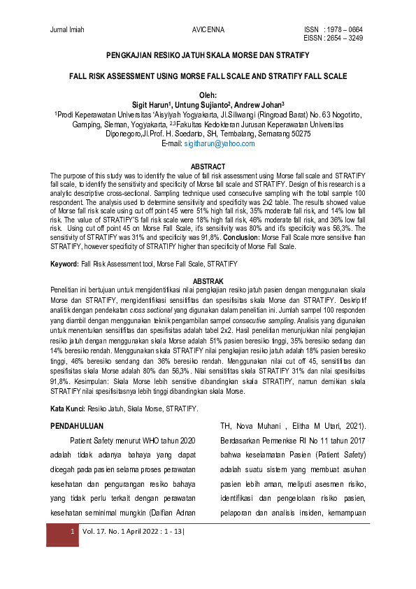 (PDF) Fall Risk Assessment Using Morse Fall Scale and STRATIFY Fall Scale