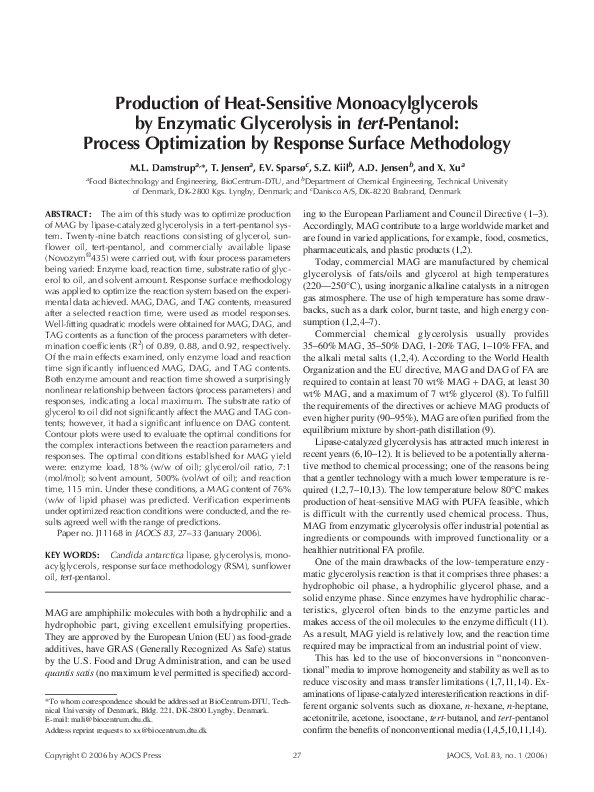 (PDF) Production of heat‐sensitive monoacylglycerols by enzymatic ...