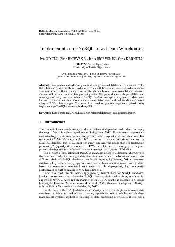 (PDF) Implementation of NoSQL-based Data Warehouses | Zane Bičevska - Academia.edu