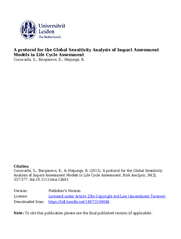 (PDF) A Protocol for the Global Sensitivity Analysis of Impact Assessment Models in Life Cycle ...