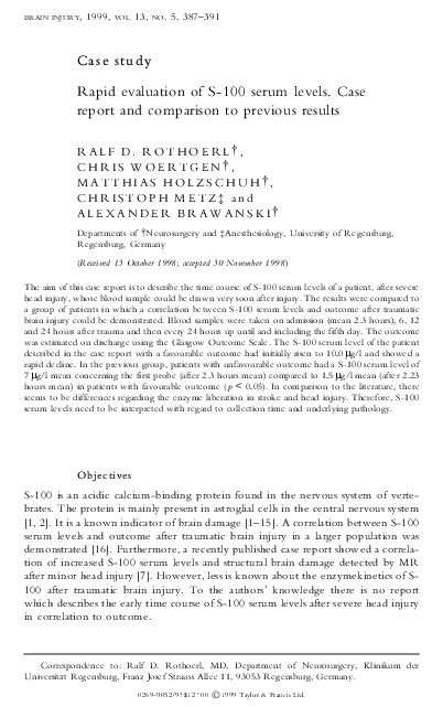Case study: Rapid evaluation of S-100 serum levels. Case report and comparison to previous results