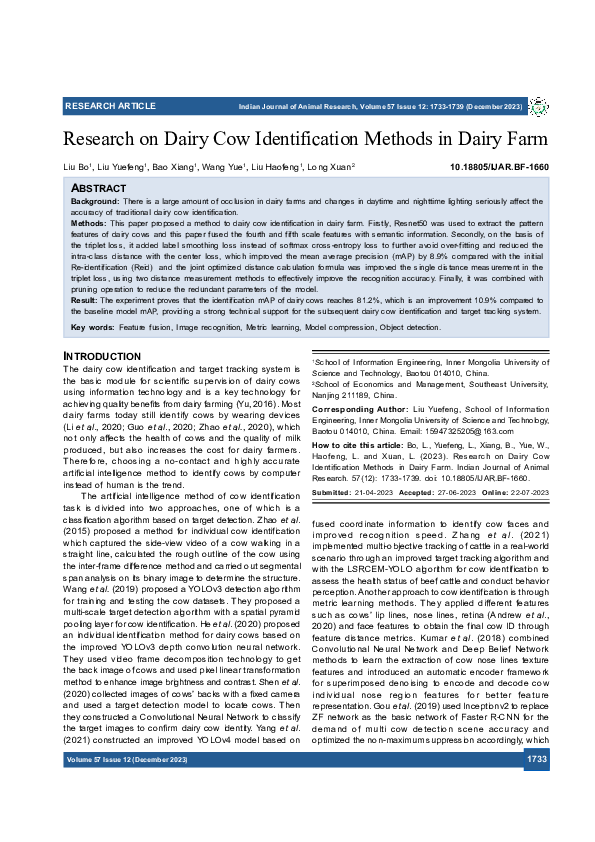(PDF) Research on Dairy Cow Identification Methods in Dairy Farm