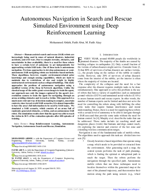 Pdf Autonomous Navigation In Search And Rescue Simulated Environment Using Deep Reinforcement
