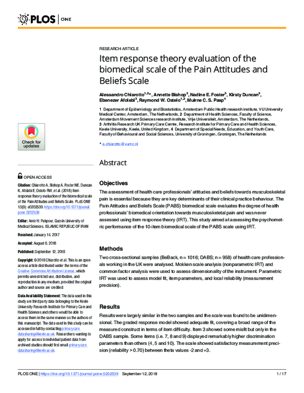 (PDF) Item response theory evaluation of the biomedical scale of the Pain Attitudes and Beliefs ...
