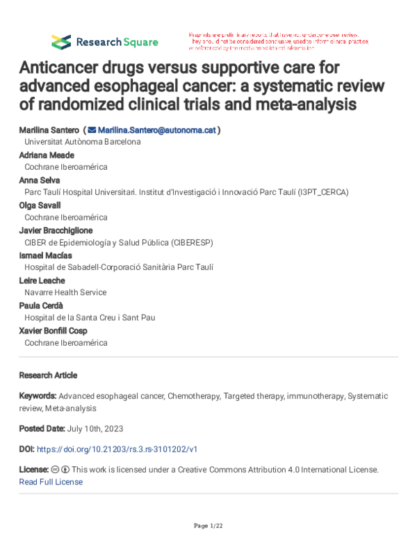 (PDF) Anticancer drugs versus supportive care for advanced esophageal cancer: a systematic ...