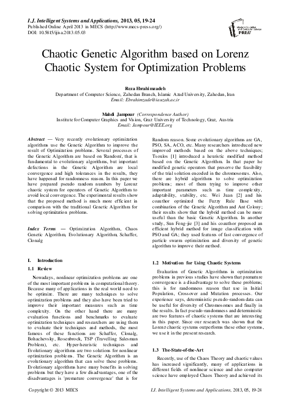 (PDF) Chaotic Genetic Algorithm based on Lorenz Chaotic System for Optimization Problems