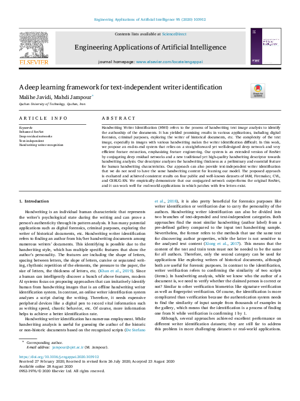 Pdf A Deep Learning Framework For Text Independent Writer Identification