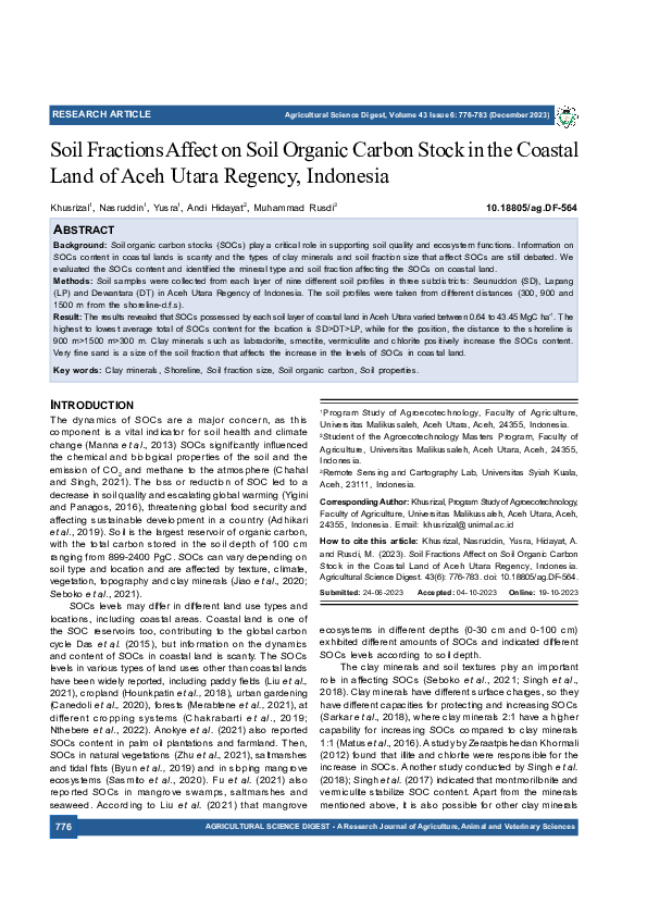 (PDF) Soil Fractions Affect on Soil Organic Carbon Stock in the Coastal Land of Aceh Utara ...