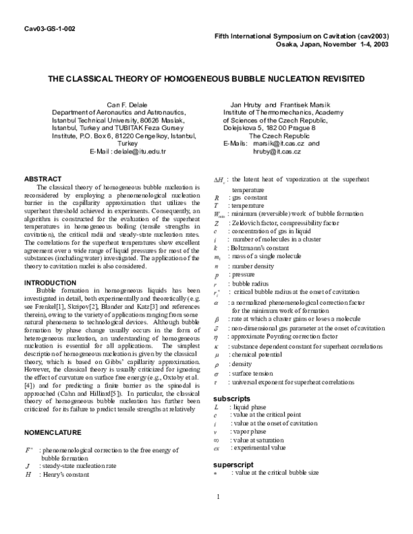 (PDF) The Classical Theory of Homogeneous Bubble Nucleation Revisited