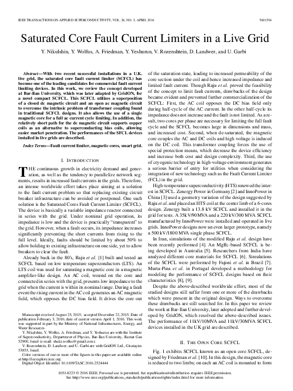 (PDF) Saturated Core Fault Current Limiters in a Live Grid