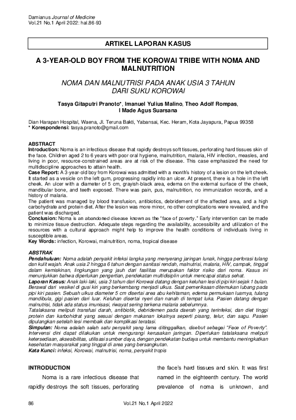 (PDF) 3-YEAR Old Boy from Koroway Tribe with Noma and Malnutrition