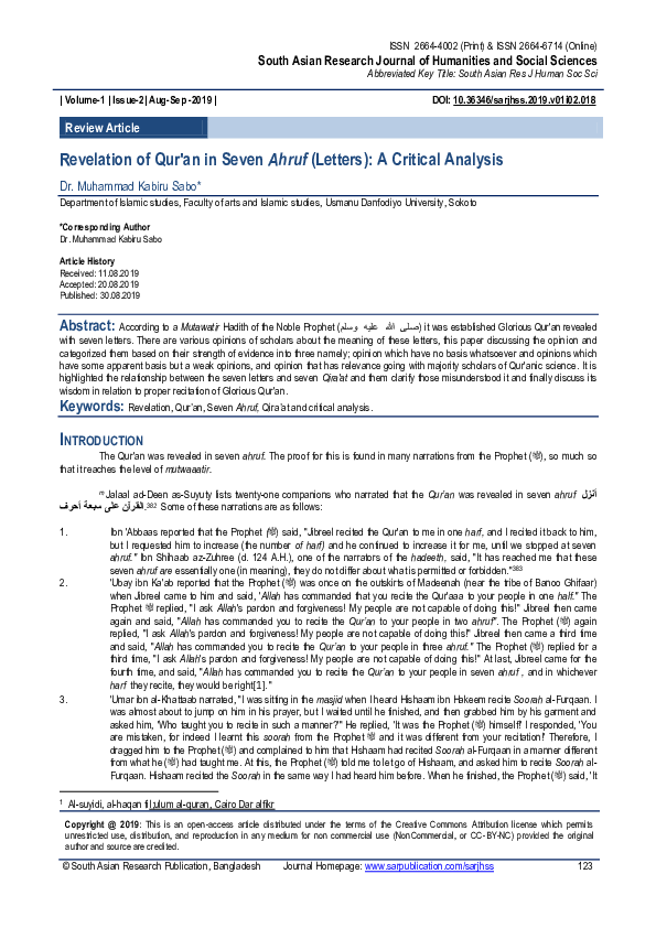 (PDF) Revelation of Qur'an in Seven Ahruf (Letters): A Critical Analysis