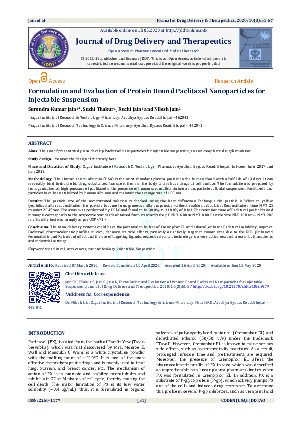 (PDF) Formulation and Evaluation of Protein Bound Paclitaxel ...