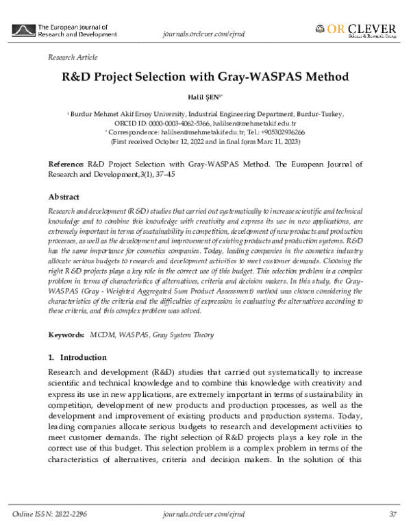 (PDF) R&D Project Selection with Gray-WASPAS Method