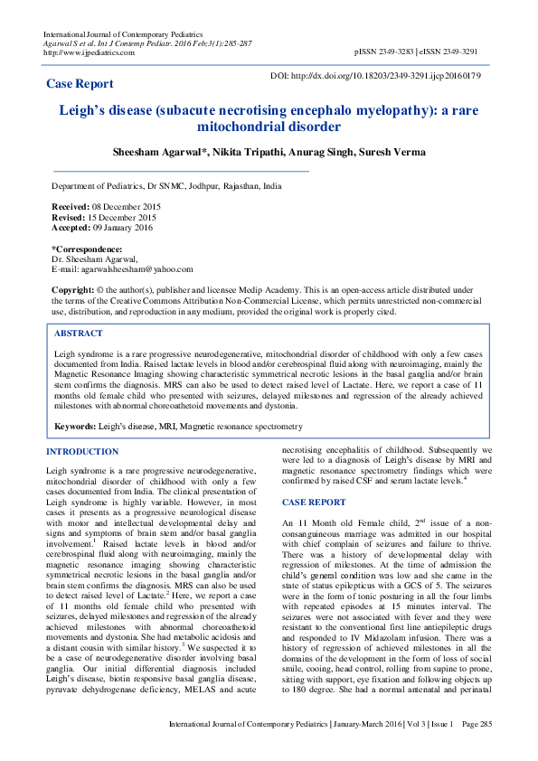 (PDF) Leigh's disease (subacute necrotising encephalo myelopathy): a ...
