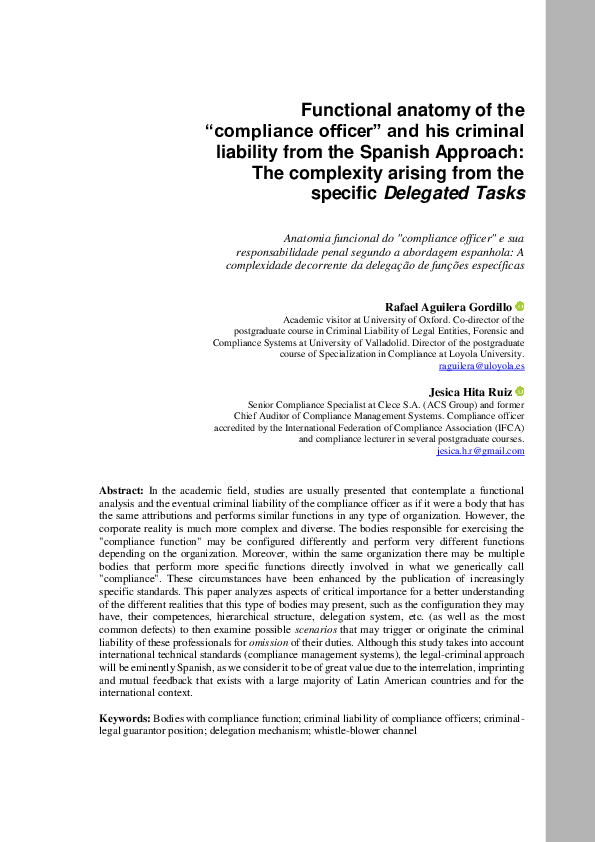 (PDF) Functional anatomy of the "compliance officer" and his criminal liability from the Spanish ...