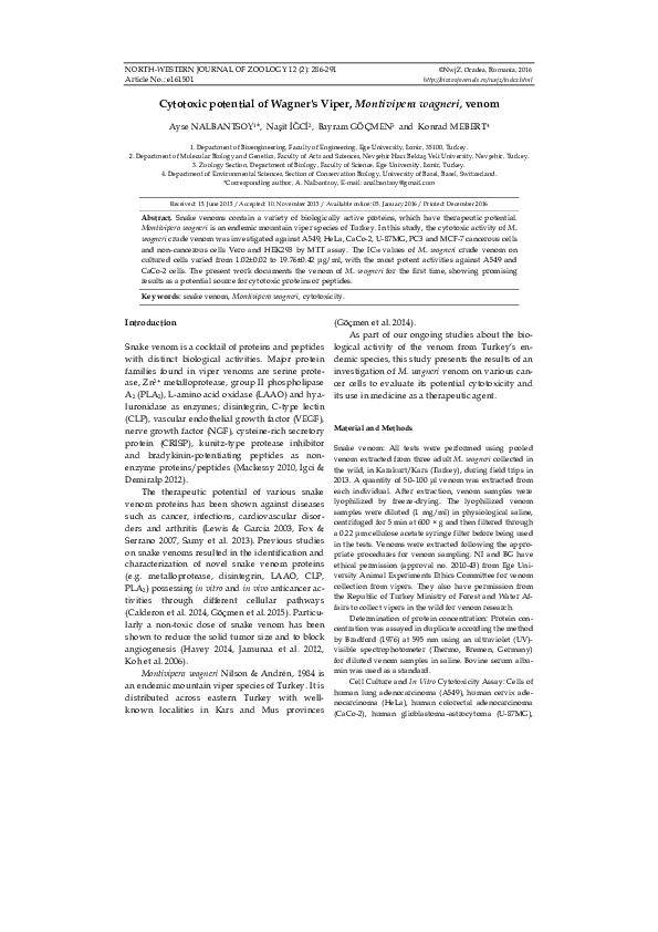 (PDF) Cytotoxic potential of Wagner's Viper, Montivipera wagneri, venom