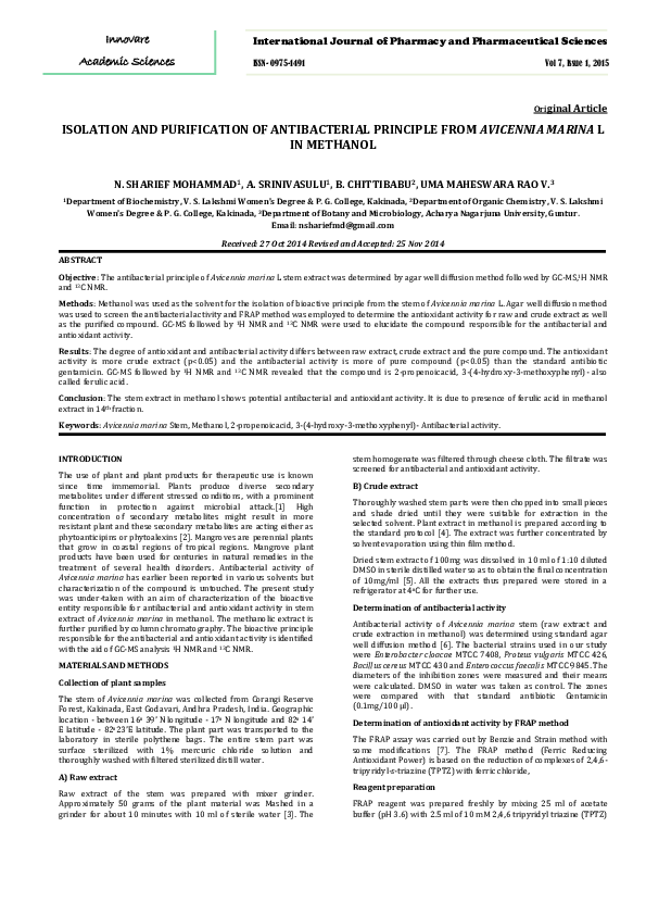 (PDF) ISOLATION AND PURIFICATION OF ANTIBACTERIAL PRINCIPLE FROM AVICENNIA MARINA L IN METHANOL