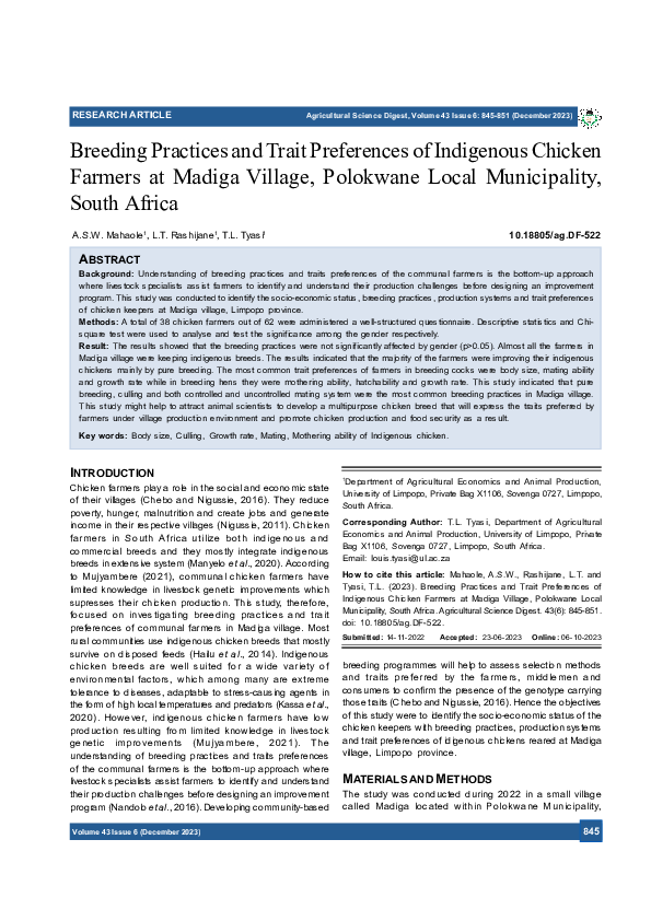 (PDF) Breeding Practices and Trait Preferences of Indigenous Chicken Farmers at Madiga Village ...