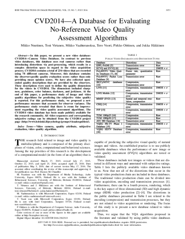 (PDF) CVD2014—A Database for Evaluating No-Reference Video Quality Assessment Algorithms