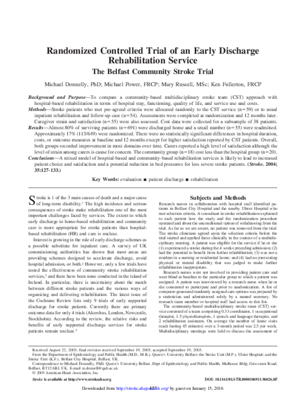 (PDF) Randomized Controlled Trial of an Early Discharge Rehabilitation Service