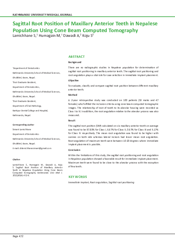 (PDF) Sagittal Root Position of Maxillary Anterior Teeth in Nepalese ...