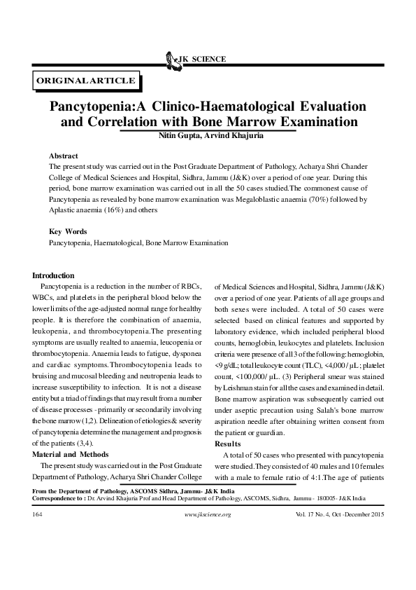 (PDF) Pancytopenia: A Clinico-haematological evaluation and correlation with bone marrow examination