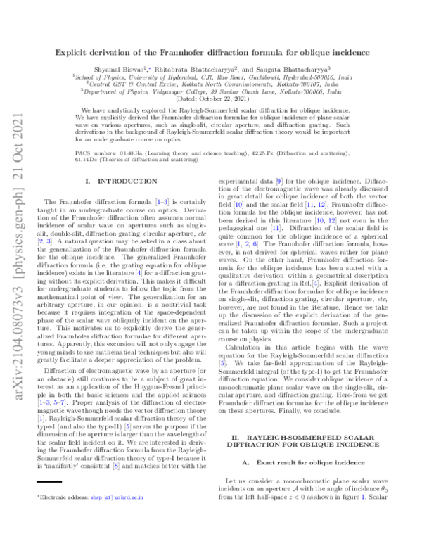 Pdf Explicit Derivation Of The Fraunhofer Diffraction Formula For Oblique Incidence Saugata