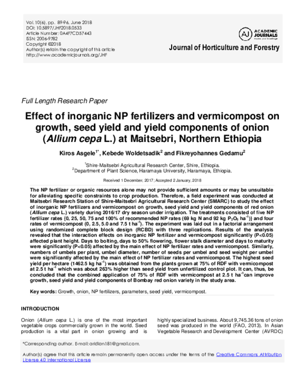 (PDF) Effect of inorganic NP fertilizers and vermicompost on growth, seed yield and yield ...