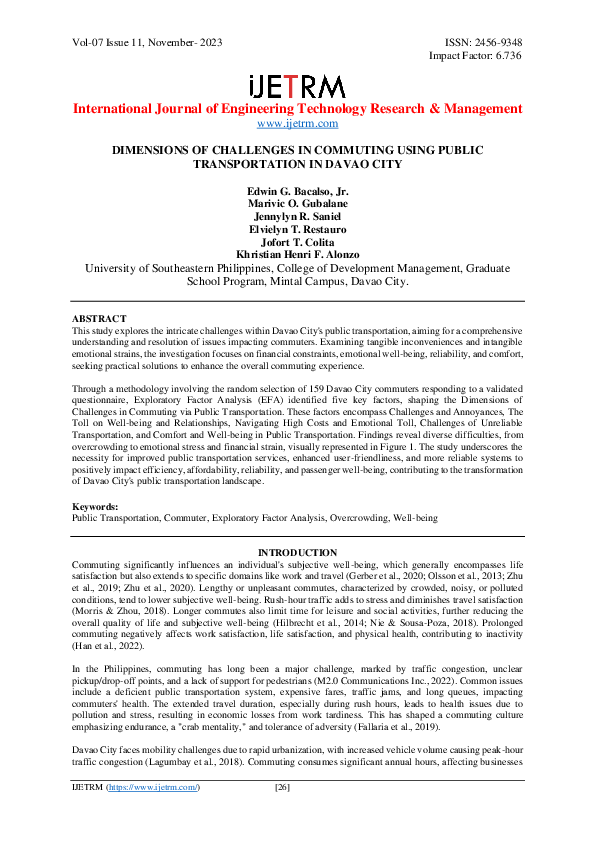(PDF) DIMENSIONS OF CHALLENGES IN COMMUTING USING PUBLIC TRANSPORTATION ...