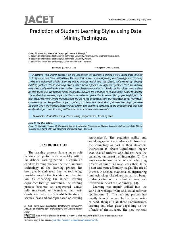 (PDF) Prediction of Student Learning Styles using Data Mining Techniques
