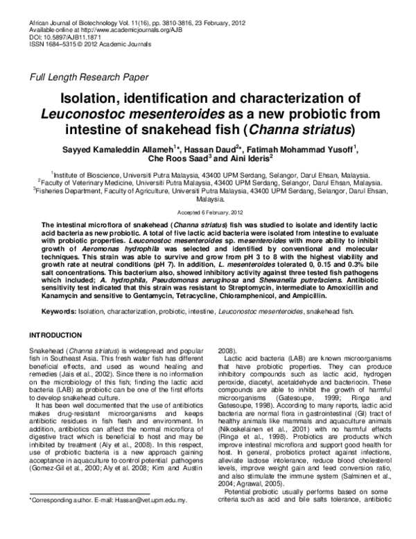 (PDF) Isolation, identification and characterization of Leuconostoc mesenteroides as a new ...