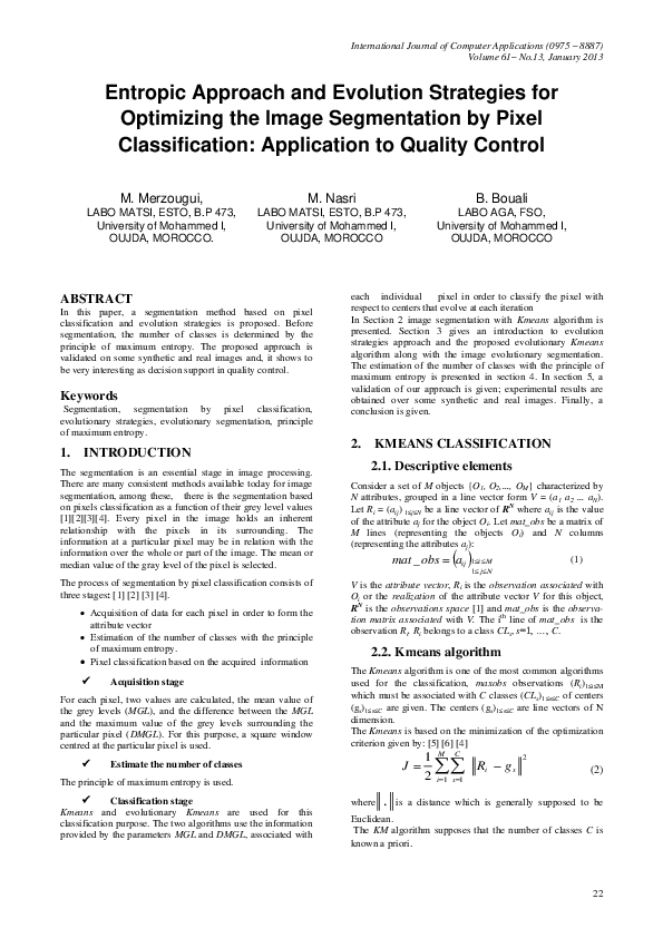 (PDF) Entropic Approach and Evolution Strategies for Optimizing the Image Segmentation by Pixel ...
