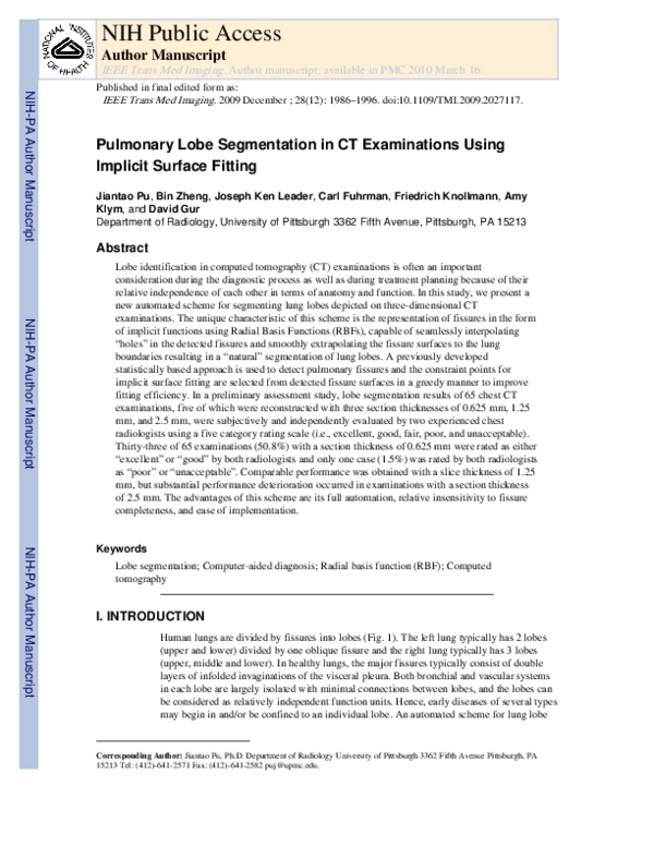 Pulmonary Lobe Segmentation In Ct Examinations Using Implicit Surface