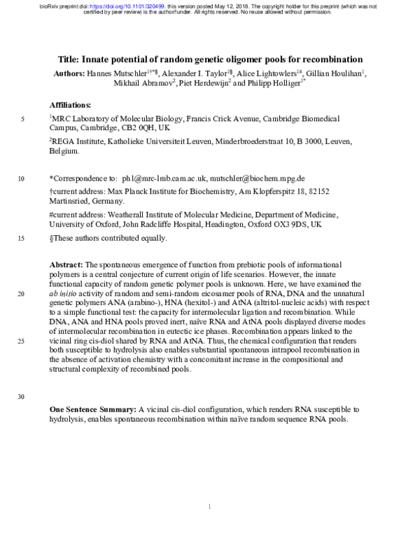 (PDF) Innate potential of random genetic oligomer pools for recombination