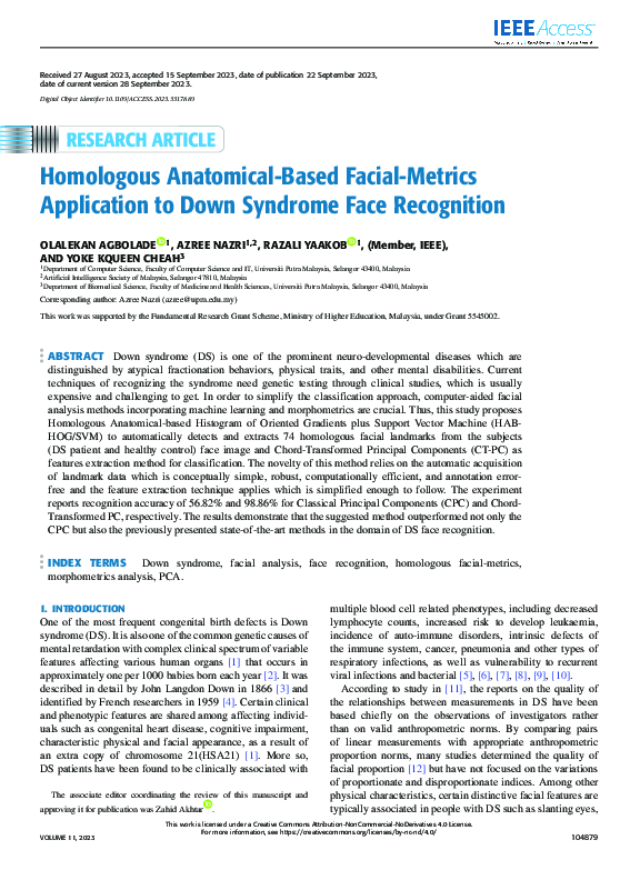 (PDF) Homologous Anatomical-Based Facial-Metrics Application to Down Syndrome Face Recognition