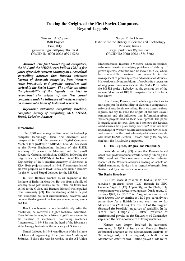 (PDF) Tracing the Origins of the First Soviet Computers, Beyond Legends