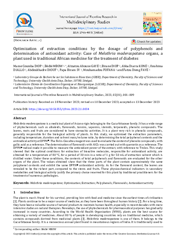 Pdf Optimal Extraction Conditions And Antioxidant Activity Of Melothria Maderaspatana