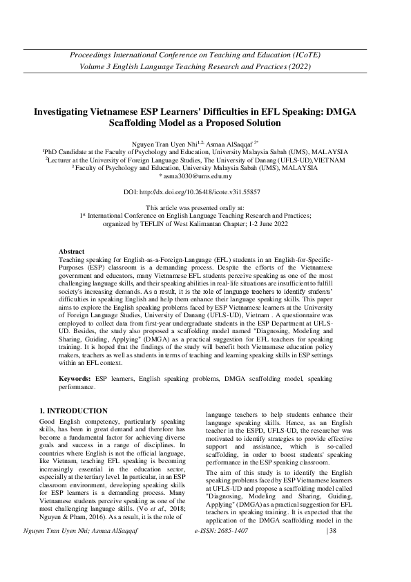 (PDF) Investigating Vietnamese ESP Learners' Difficulties in EFL Speaking: DMGA Scaffolding ...