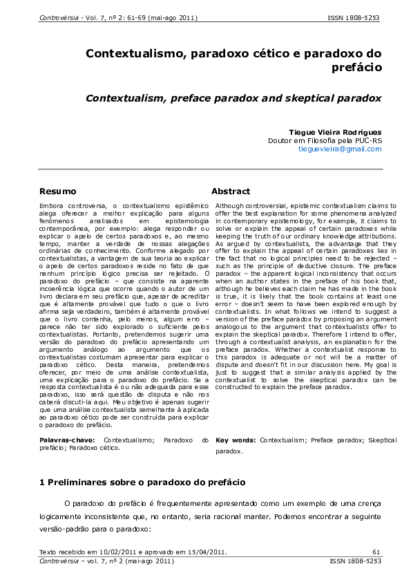 (PDF) Contextualismo, paradoxo cético e paradoxo do prefácio ...