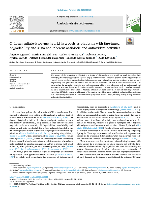 (PDF) Chitosan sulfate-lysozyme hybrid hydrogels as platforms with fine-tuned degradability and ...