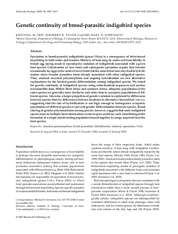 (PDF) Genetic continuity of brood‐parasitic indigobird species ...