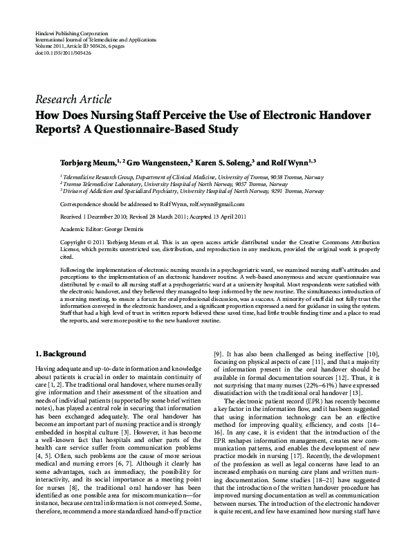 (PDF) How Does Nursing Staff Perceive the Use of Electronic Handover ...