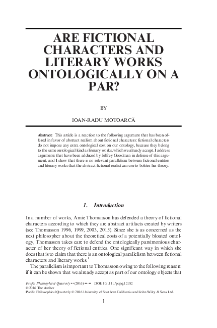 (PDF) Are Fictional Characters and Literary Works Ontologically on a Par?