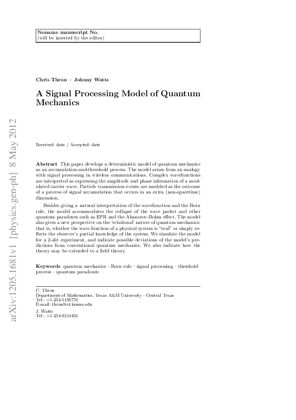 (PDF) A Signal Processing Model of Quantum Mechanics
