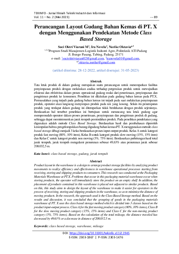(PDF) Perancangan Layout Gudang Bahan Kemas di PT. X dengan Menggunakan Pendekatan Metode Class ...