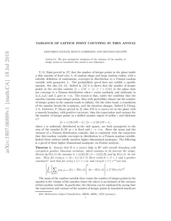 (PDF) Variance of Lattice Point Counting in Thin Annuli