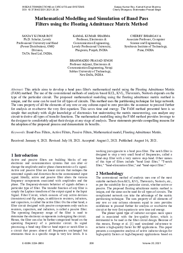 Pdf Mathematical Modelling And Simulation Of Band Pass Filters Using The Floating Admittance