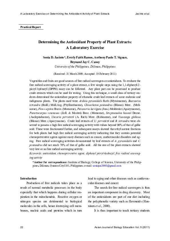 (PDF) Determining the Antioxidant Property of Plant Extracts: A ...