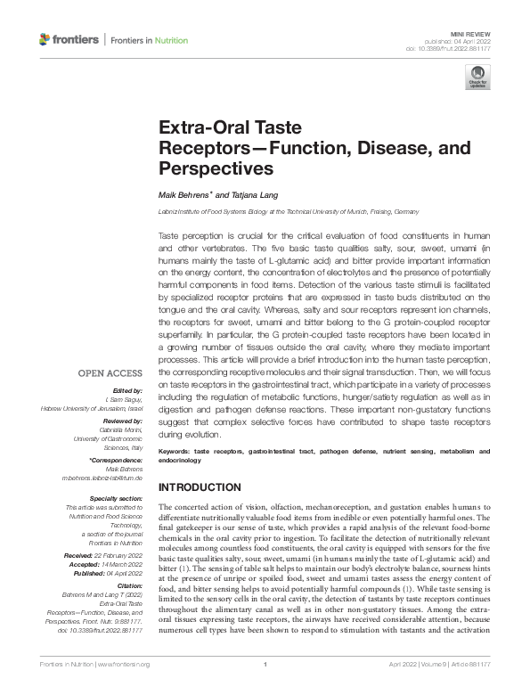 (PDF) Extra-Oral Taste Receptors—Function, Disease, and Perspectives